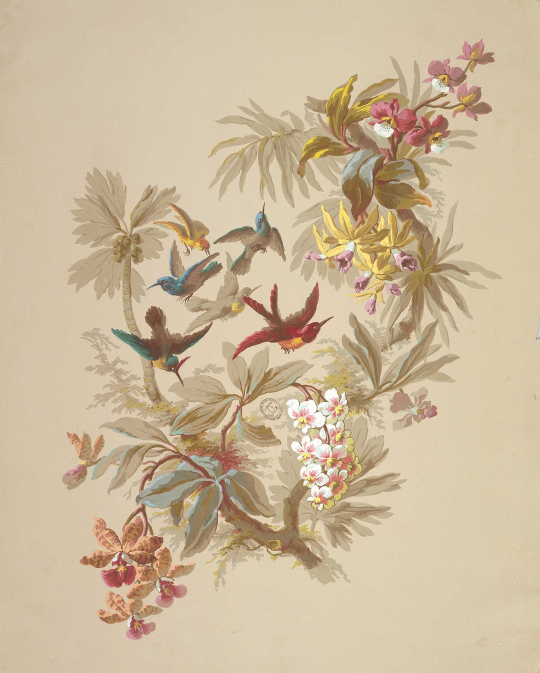 Six Decorative Birds Surrounded by Branches With Leaves and Flowers ...