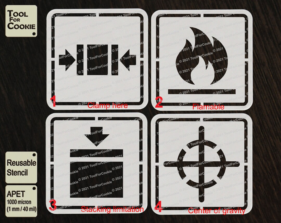 Packaging Symbols Stencil - Clamp Here, Flamable, Stacking Limitation ...