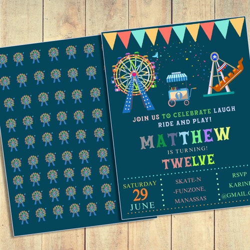 Editable Amusement Park Birthday Invitation Invite Digital 7x5 - Etsy