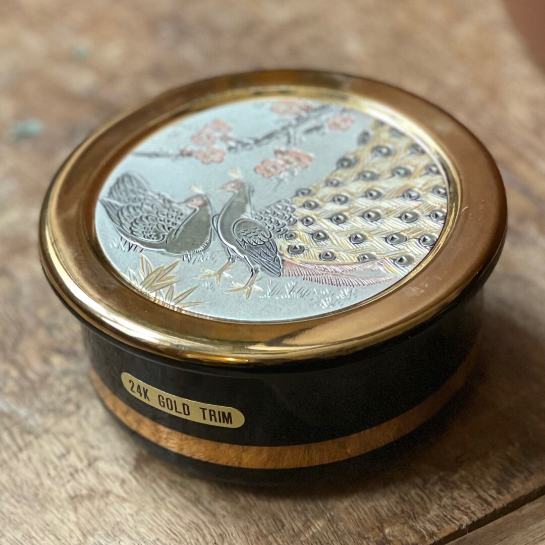 The Art of Chokin Peacock 24K Gold Trim Ceramic Trinket Jewelry ...