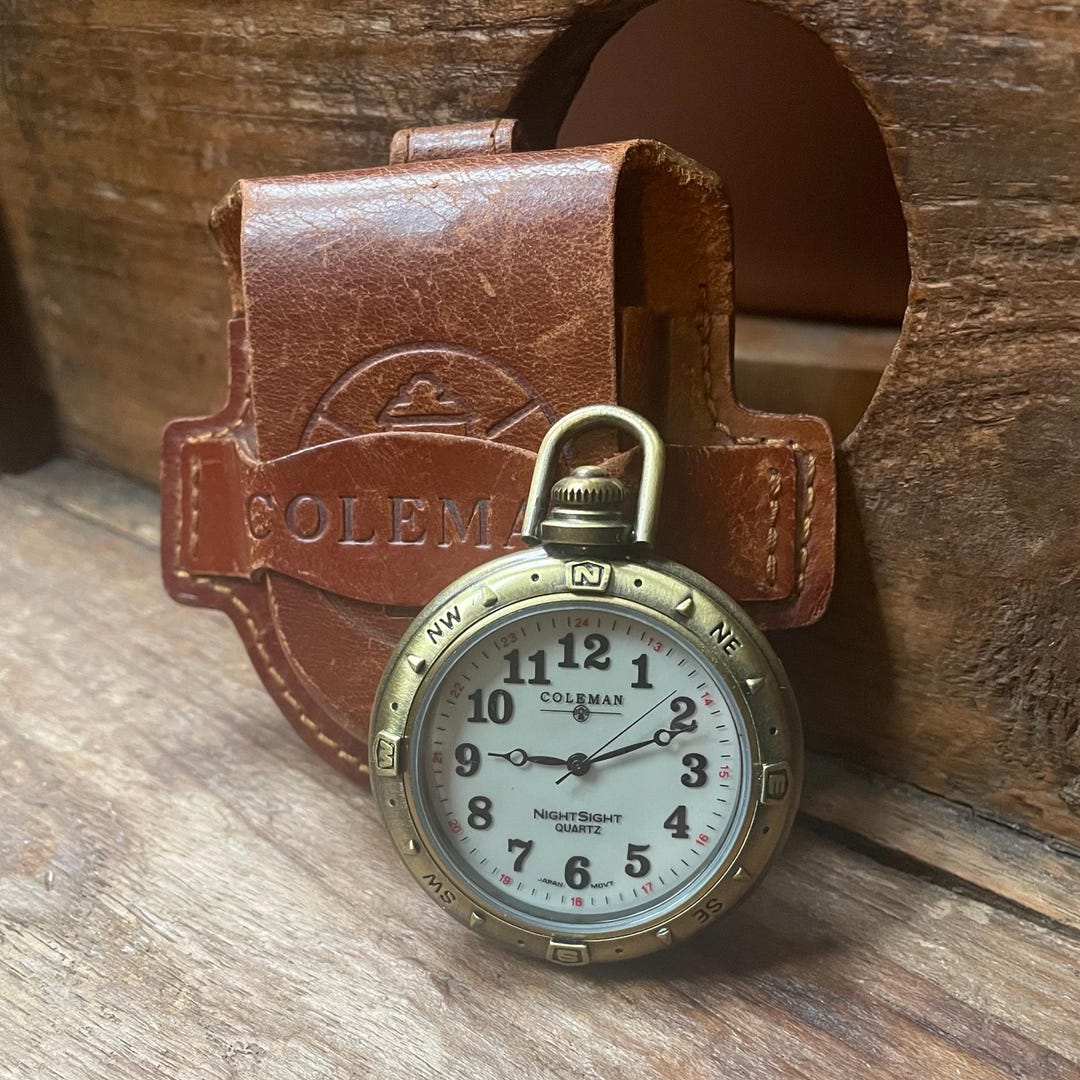 Vintage Coleman Night Sight Quartz Compass Pocket Watch With Leather ...