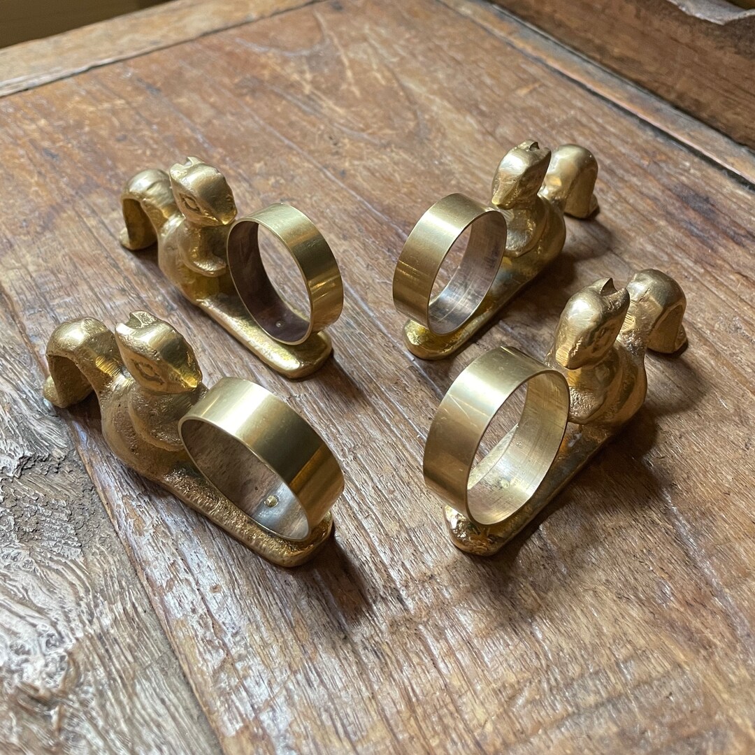 Set of FOUR Brass Squirrel Napkin Rings Nature Animal Table Setting ...