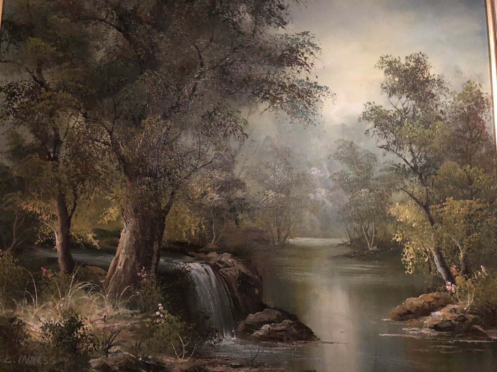 Vintage Oil Painting Framed Art C Inness 1874-1932 Forest Waterfall 24 ...