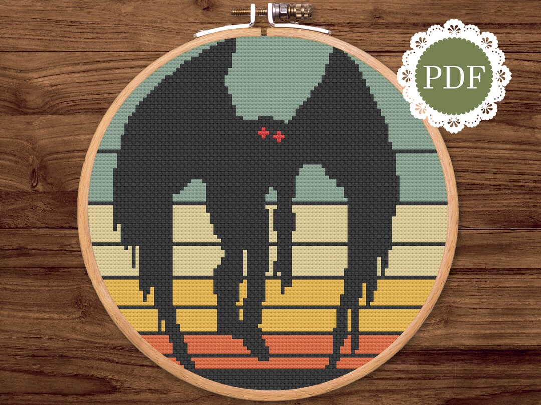 Retro Cryptid Mothman Cross Stitch Silhouette: Kitschy Vintage Sunset ...