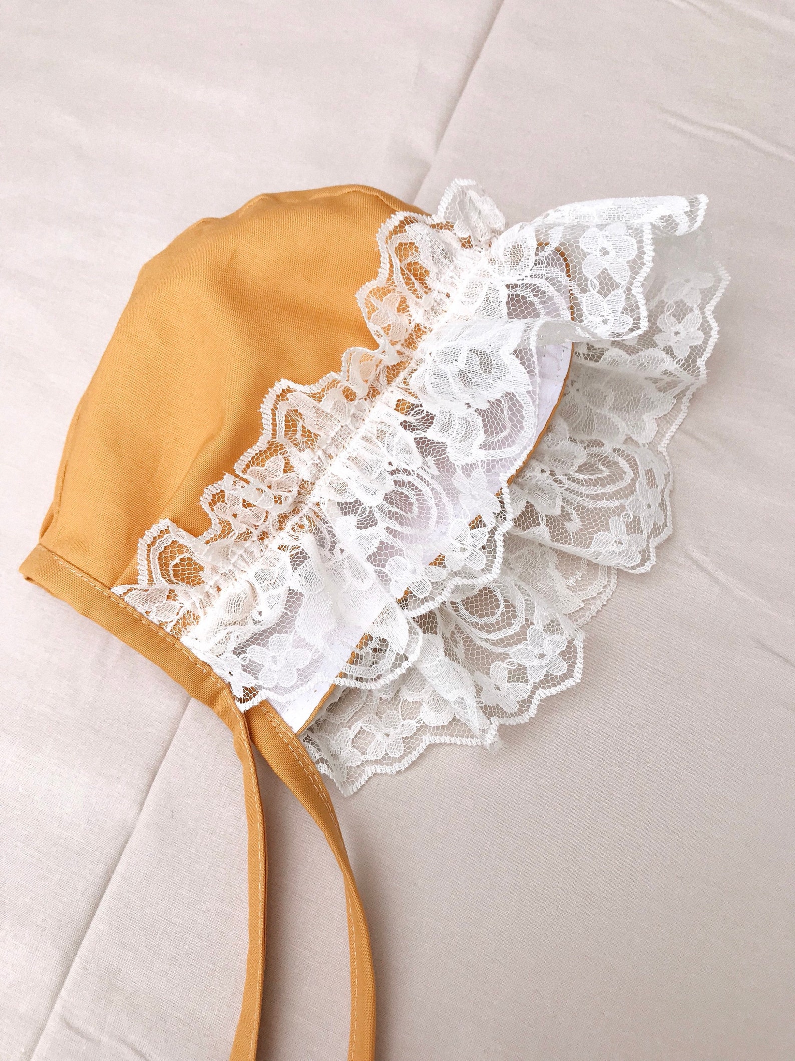 Mustard Yellow/ Vintage/ Cotton Dress & Bonnet With Lace | Etsy