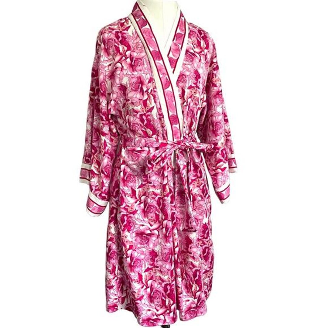 Natori Pink Roses Floral Satin Robe & Slip Dress Set - Small, 2-piece ...