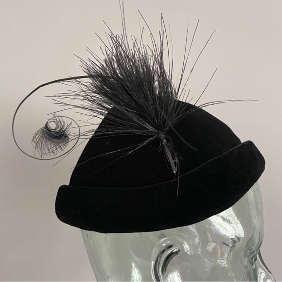 Vintage Black Velvet Burlesque Flapper Cocktail Demi Chapeau Hat W ...