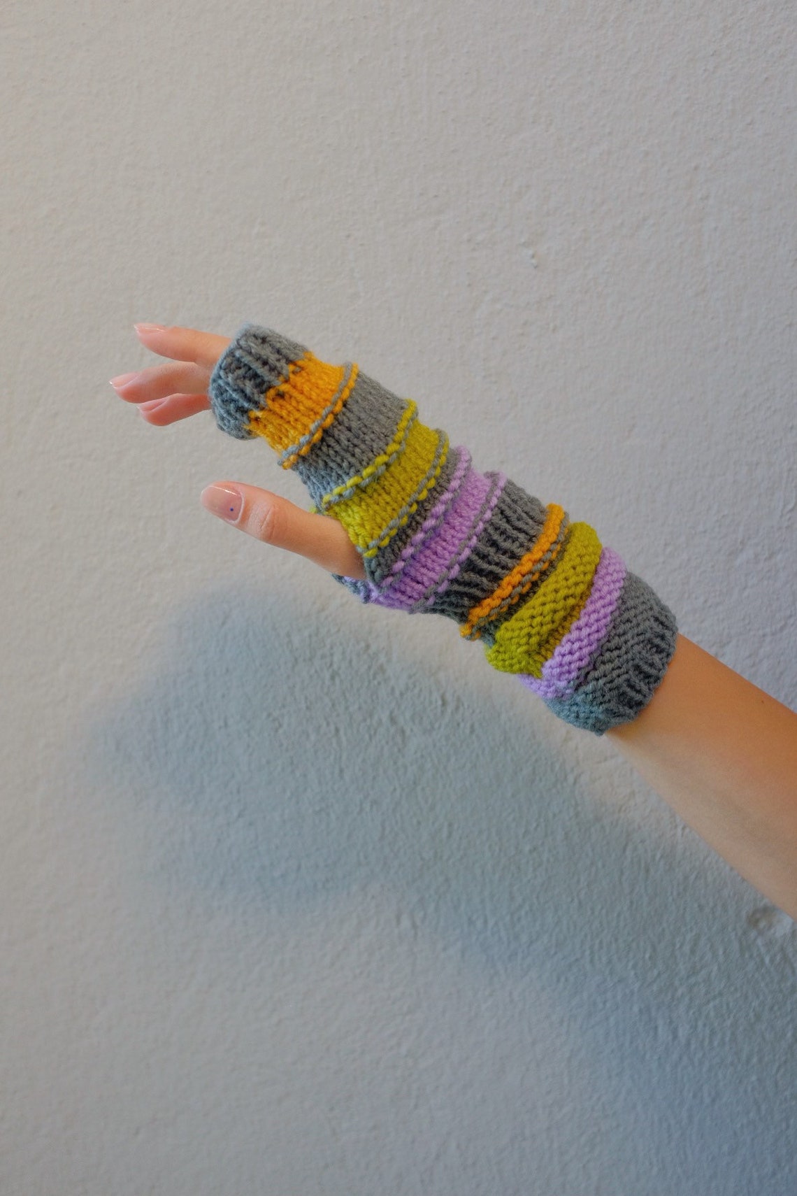 Hand Knitted Fingerless Wool Gloves: Striped Unisex Mittens - Etsy