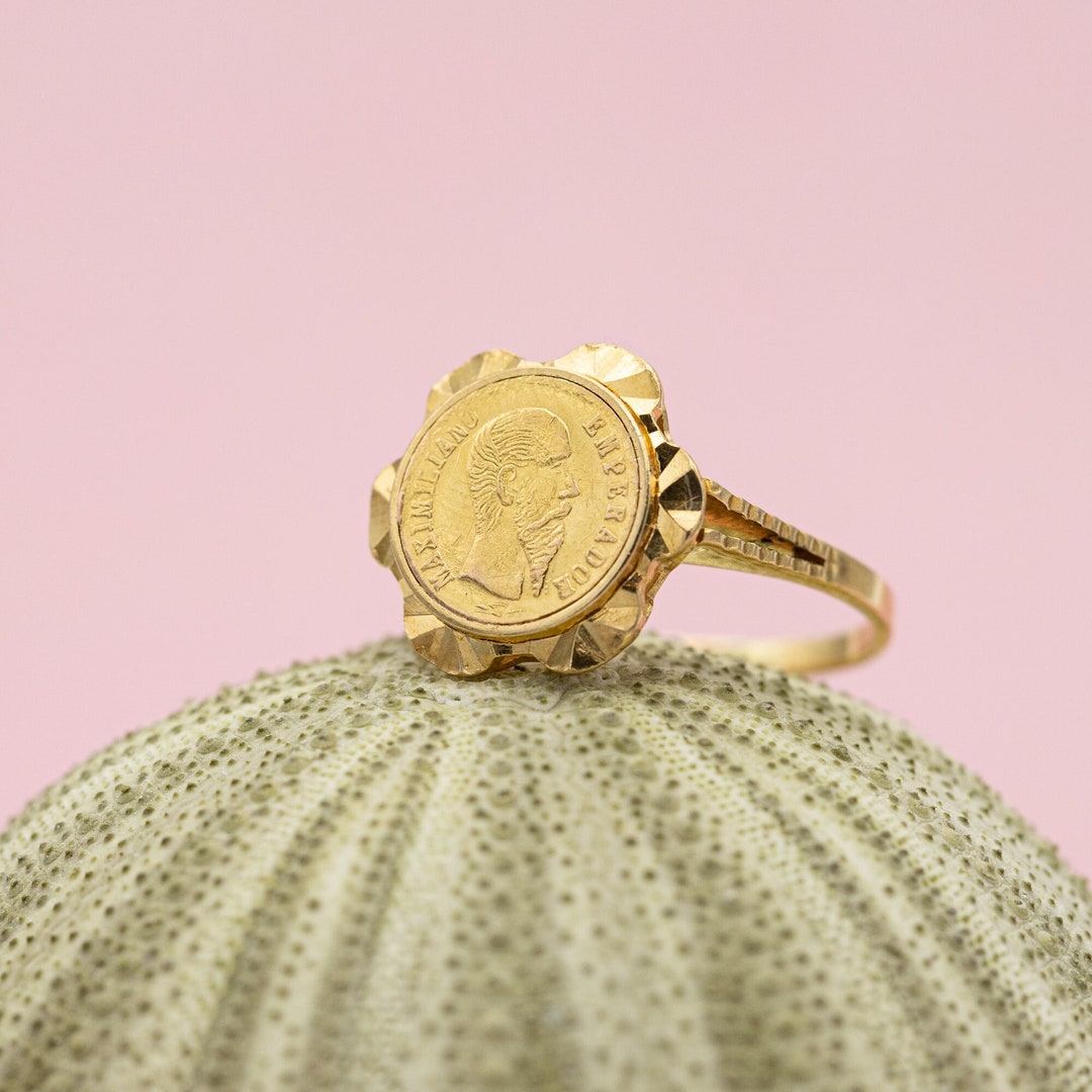 18 K Coin Signet Ring Mexican Solid Gold Coin Ring Intaglio Ring 18 K ...
