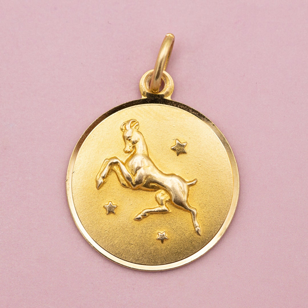 Solid Gold Aries Penant 18k Yellow Gold Medallion Vintage Zodiac Charm ...