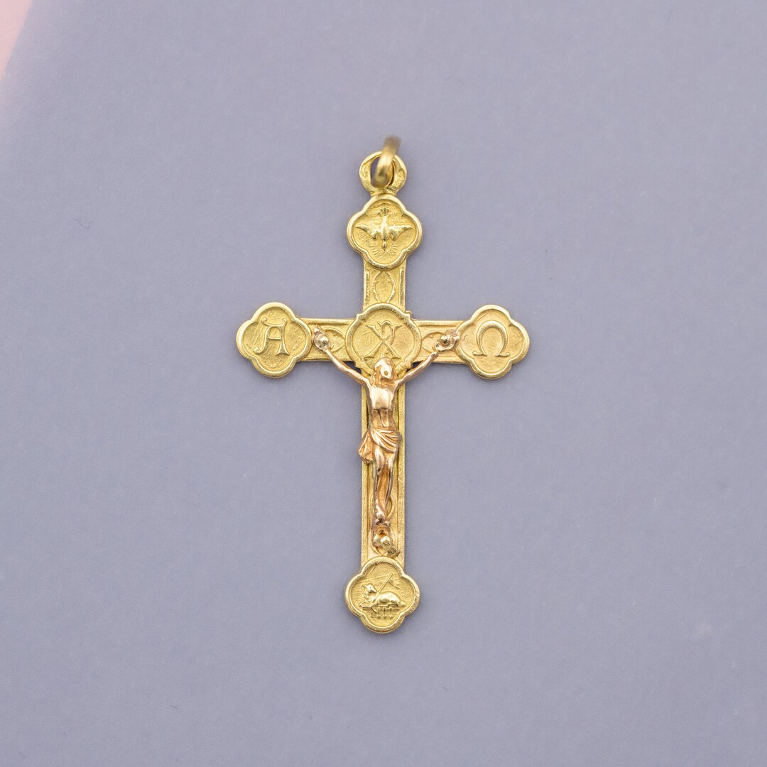 Rare 18k Cross Pendant Small Solid Gold Catholic Medallion French Cross ...