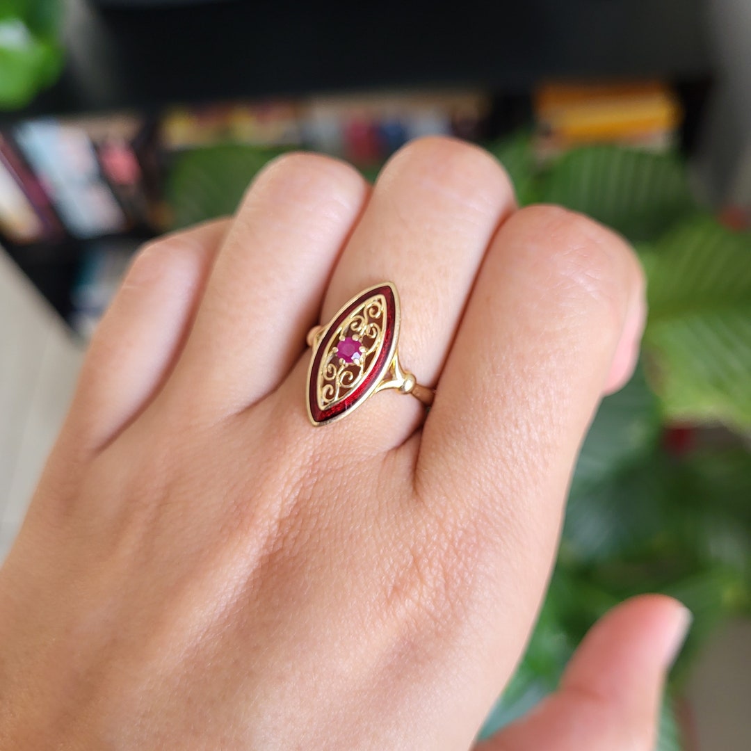 Vintage 9 K Gold Ruby and Red Enamel Ring Estate Colourful - Etsy