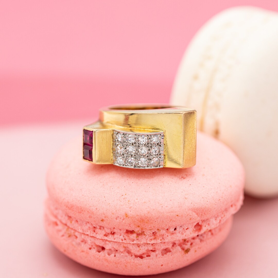 Heavy 18 K Yellow Gold Tank Ring Ruby Carré Cut Estate Bulky Ring Big ...