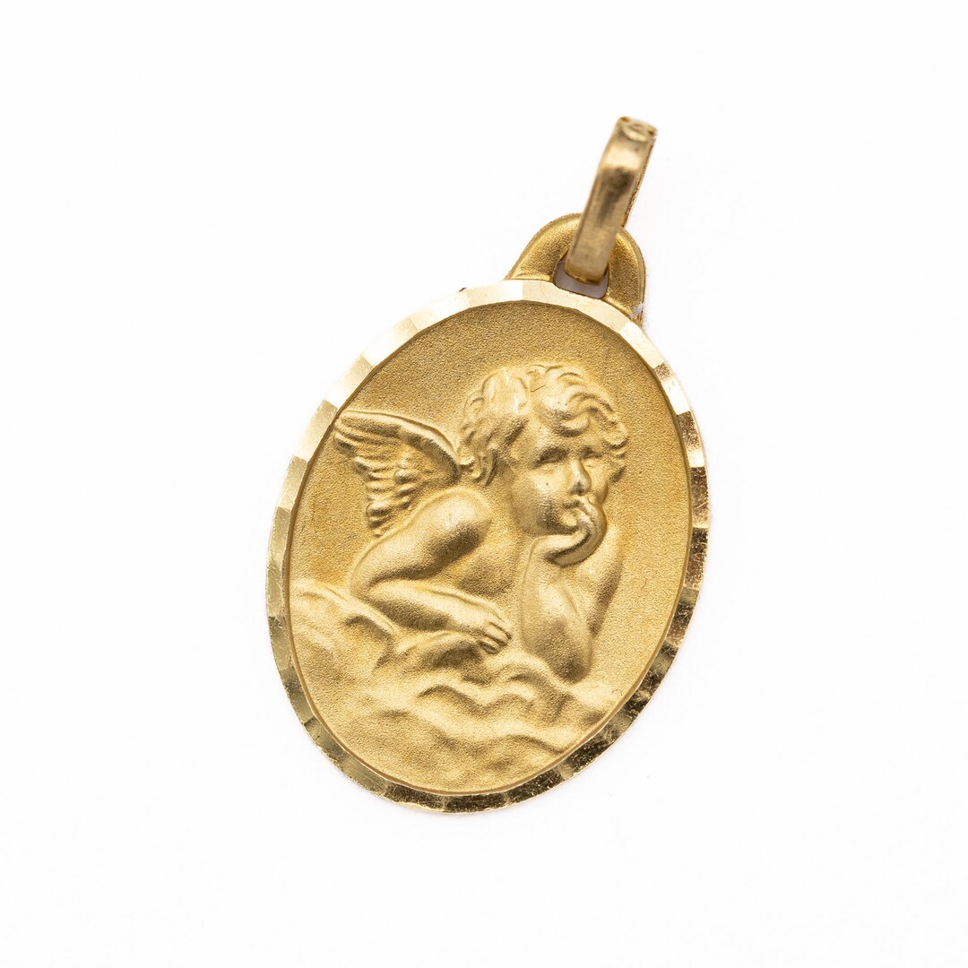 18k Cute Angel Raphael Medallion Vintage Solid Yellow Gold Pendant ...