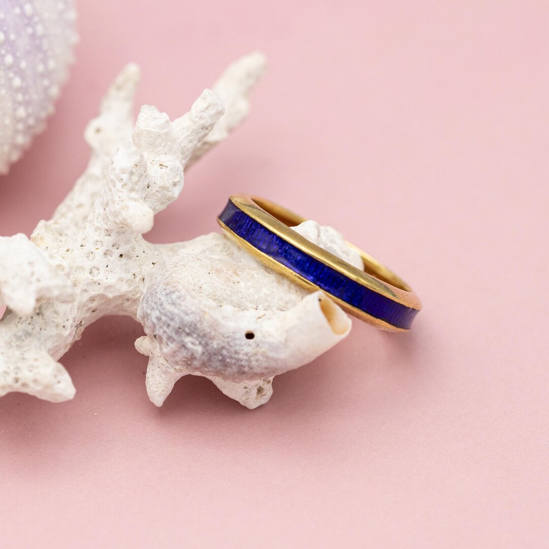 Vintage 18 Karat Solid Gold Enamel Ring - Royal Blue Band Ring - Estate ...