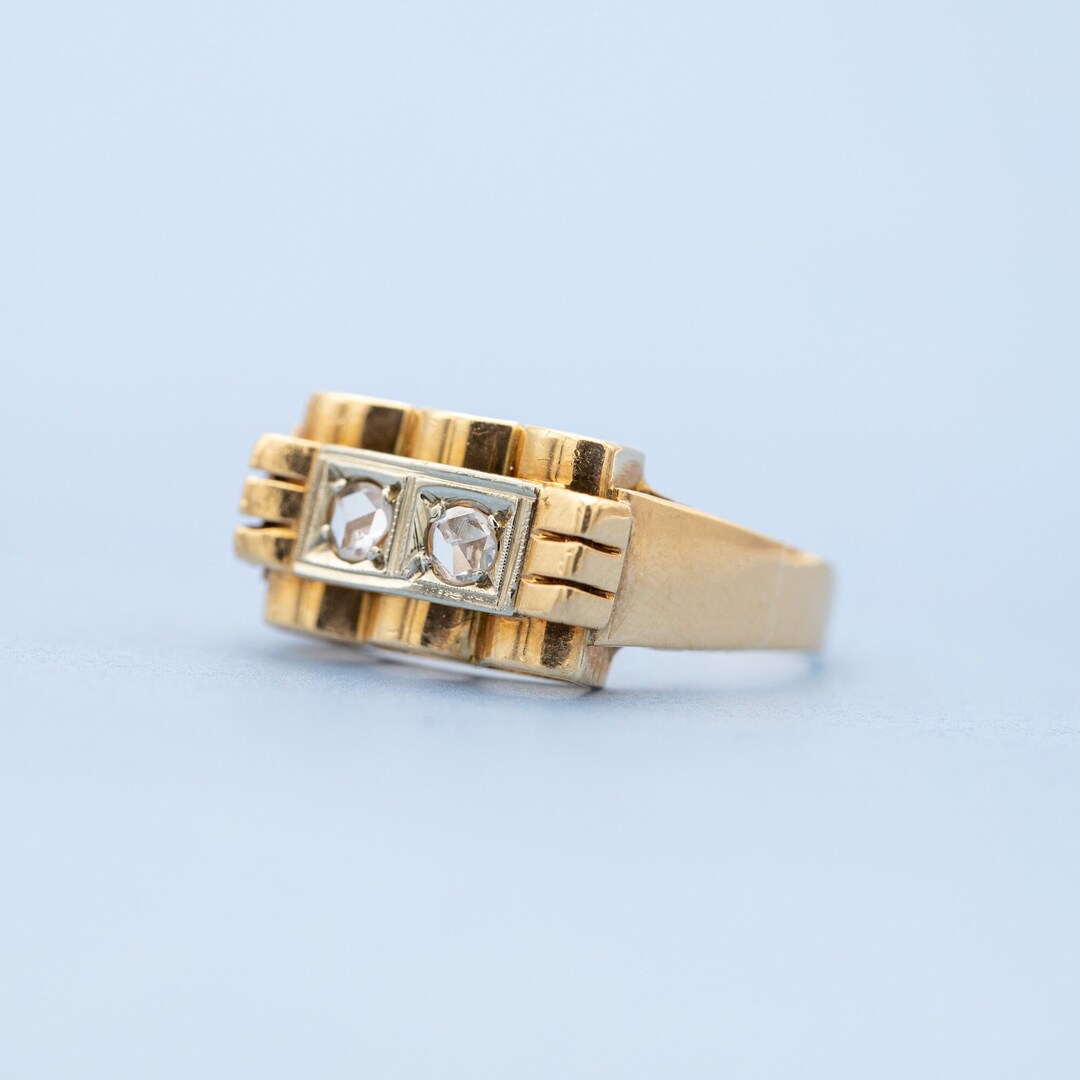 Lovely 18 K Yellow Gold Tank Ring Rose Cut Diamonds Estate Bulky Ring ...