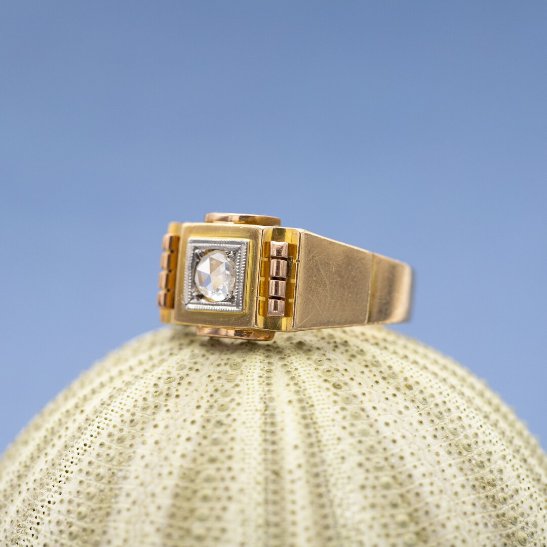 Lovely 18 K Yellow Gold Tank Ring Rose Cut Diamond Estate Bulky Ring ...