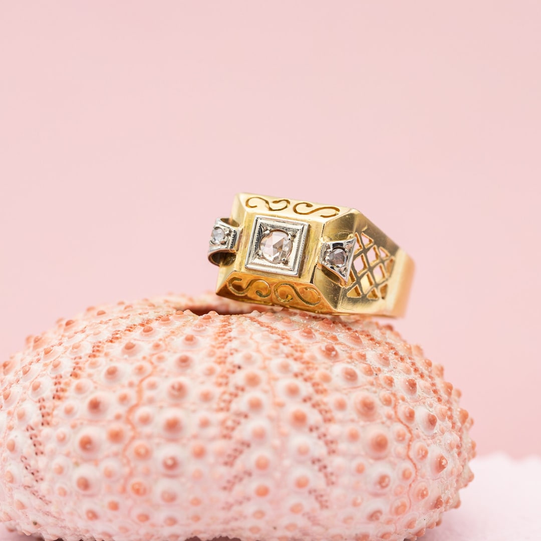 18 K Yellow Gold Tank Ring - Rose Cut Diamond Ring - Estate Bulky Solid ...