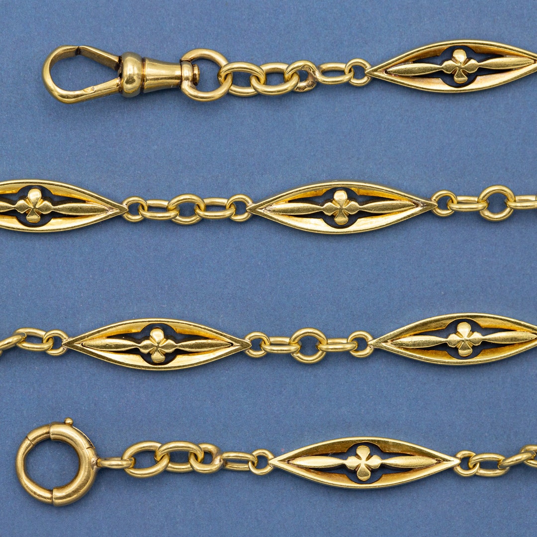 18K Solid Gold Watch Chain French Antique Necklace Ornate Decorative ...