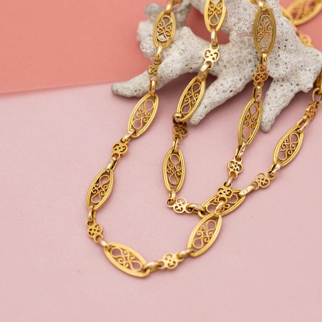 18k Yellow Gold Sautoir - Filigree Chain Necklace - Scroll Open Work ...