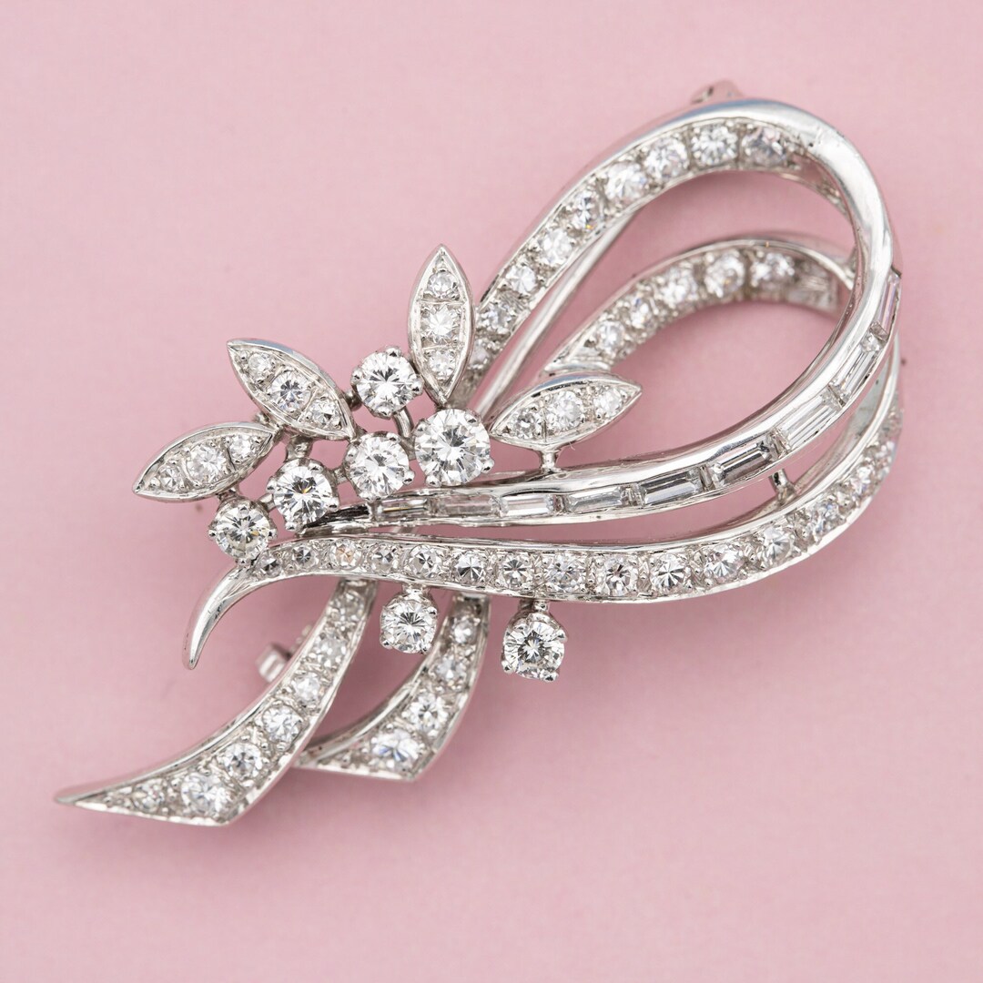 18k White Gold Diamond Brooch 1950's Jewelry 2ct Diamond Brooch ...