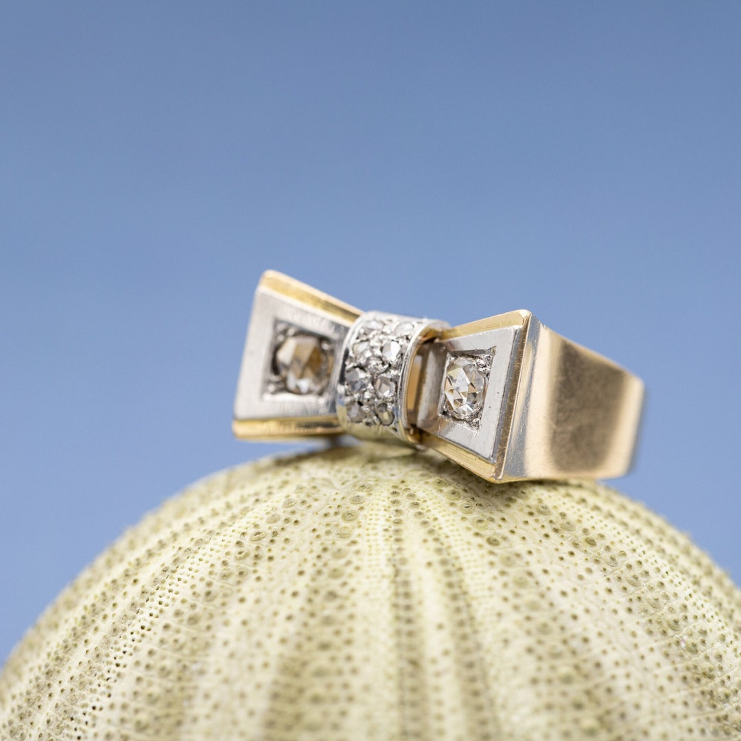 18 K Yellow Gold Tank Ring - Rose Cut Diamond Ring - Estate Bulky Ring ...