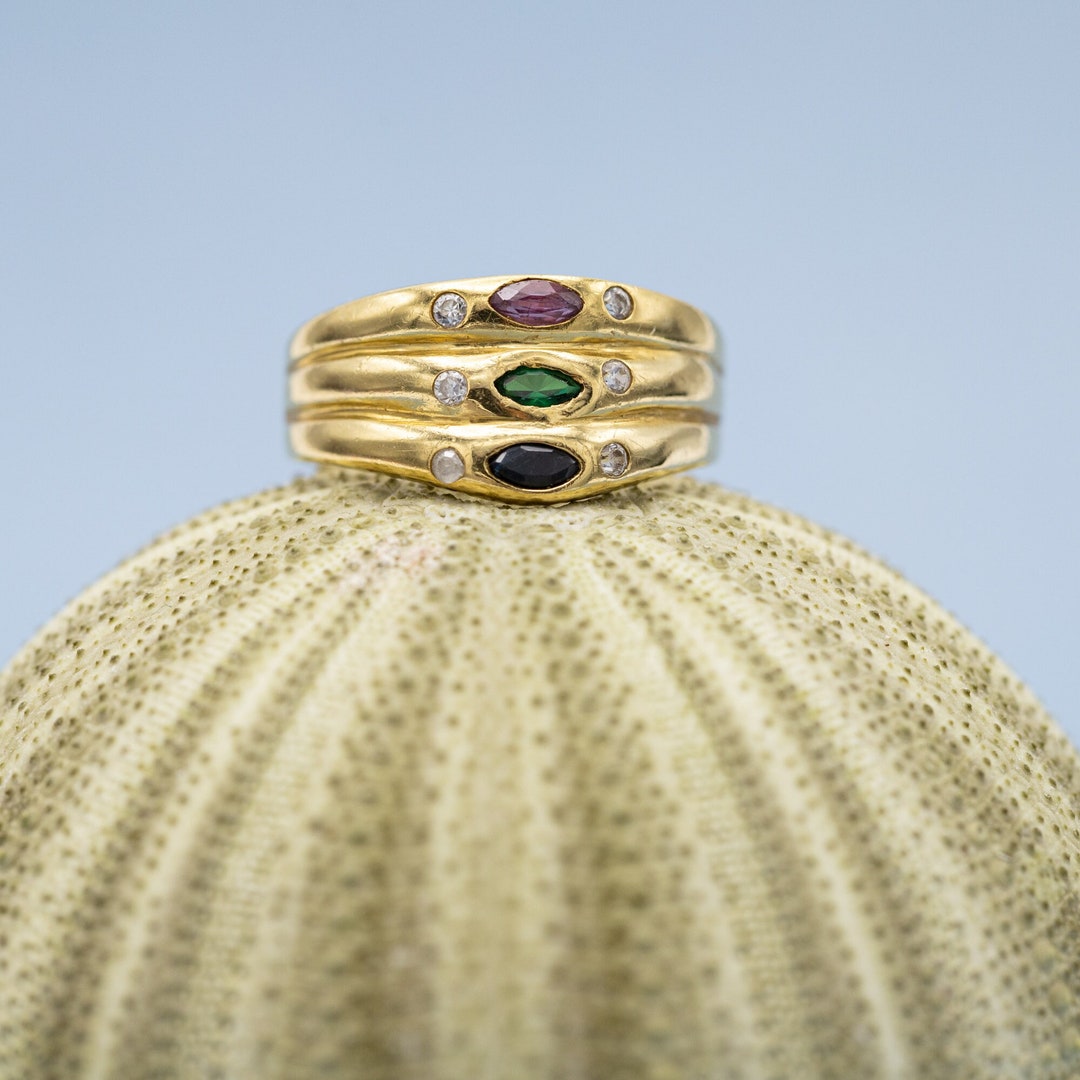 18k Minimal Emerald, Sapphire, Ruby Ring - Vintage Gold Marquise Cut ...