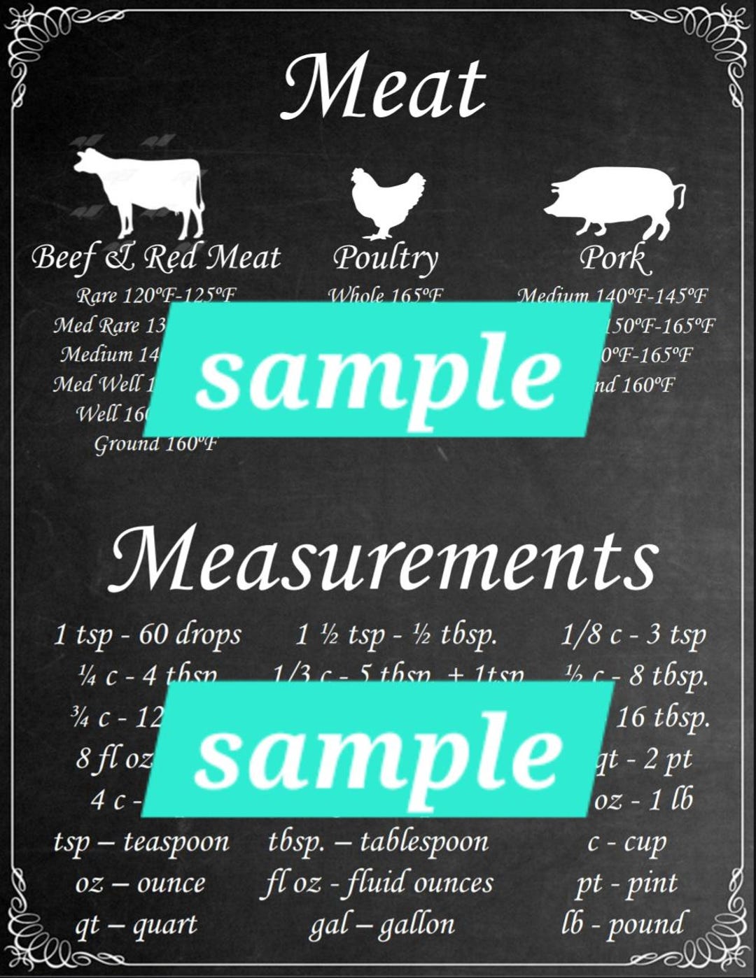 Meat Temperature and Measurements Chalkboard / Vintage Kitchen - Etsy