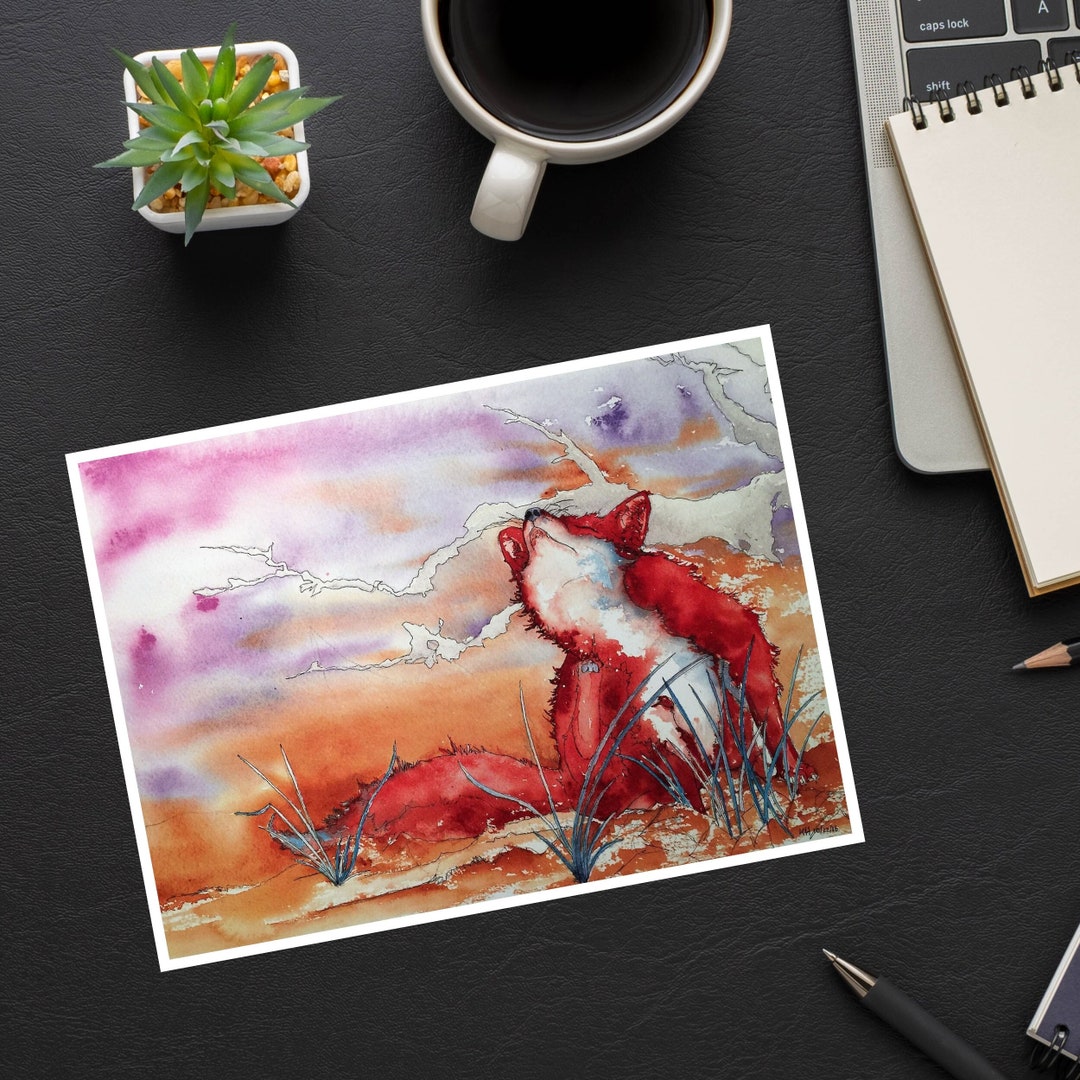 Fox Card: itchy, Whimsical and Cute Red Fox Scratching Watercolor ...