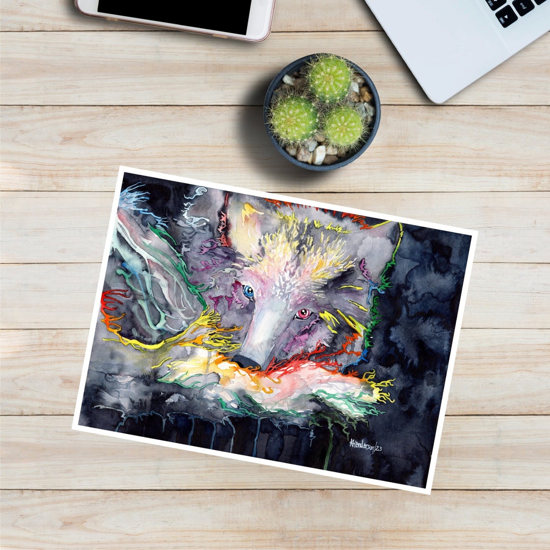 Rainbow Wolf Watercolor Painting Card: "not Alone" Fine Art - Etsy