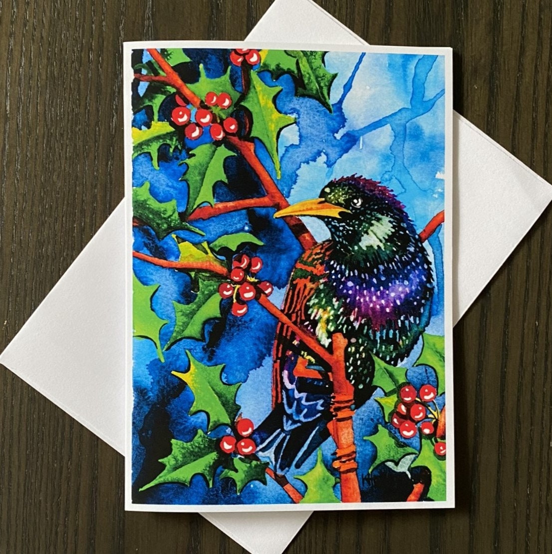 Christmas Cards: Starling in Holly Bush Watercolor Christmas Card Pack ...