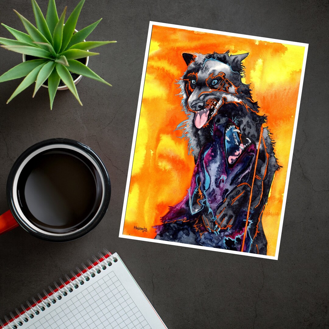 Wolf Card: "totem" Watercolor Painting of Two Wolves Play Fighting ...