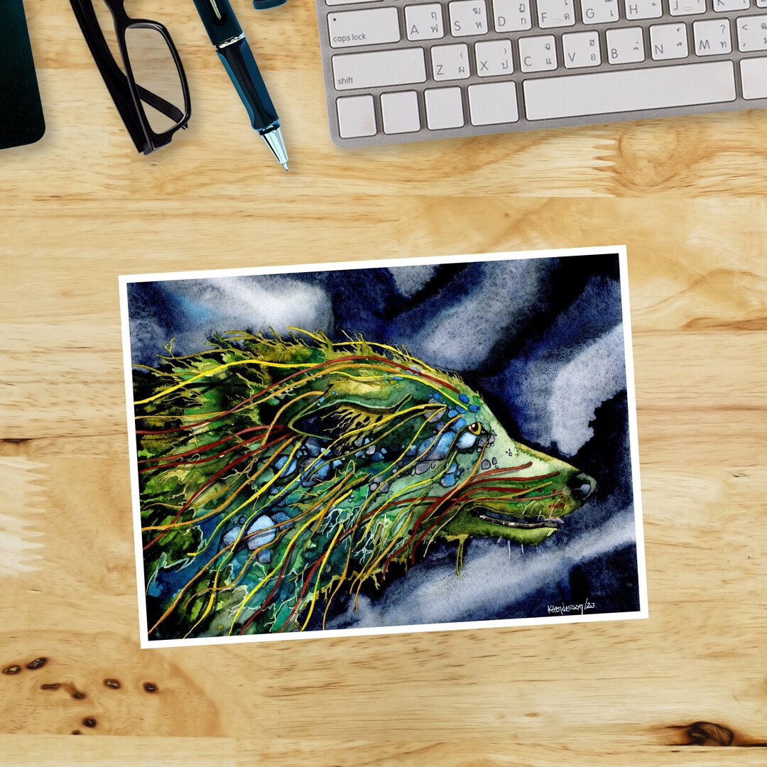 Wolf Card: "lurk" Watercolor Painting of a Mossy or Underwater Wolf ...