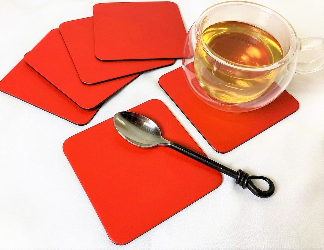 Set of 6 Bright Red Bonded Leather Coasters, HAND MADE in the UK ...