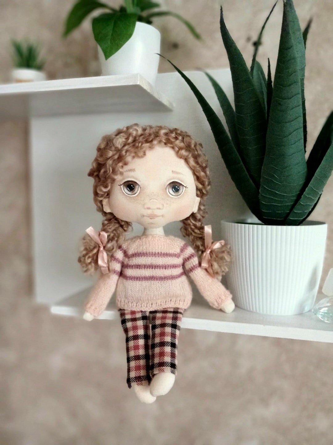 Cute Doll With Curly Hair, Sitting Doll, Delicate Doll With Pigtails ...