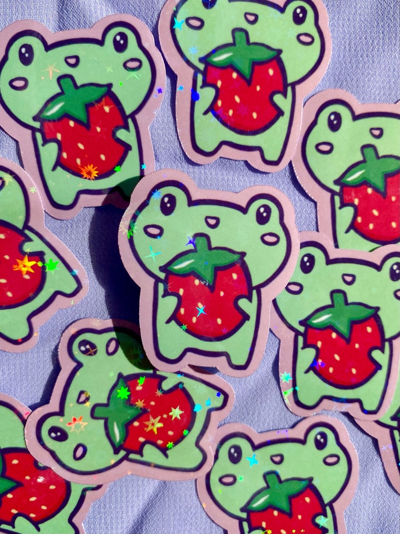 Strawberry Frog Sticker Holographic // diecut stationary | Etsy