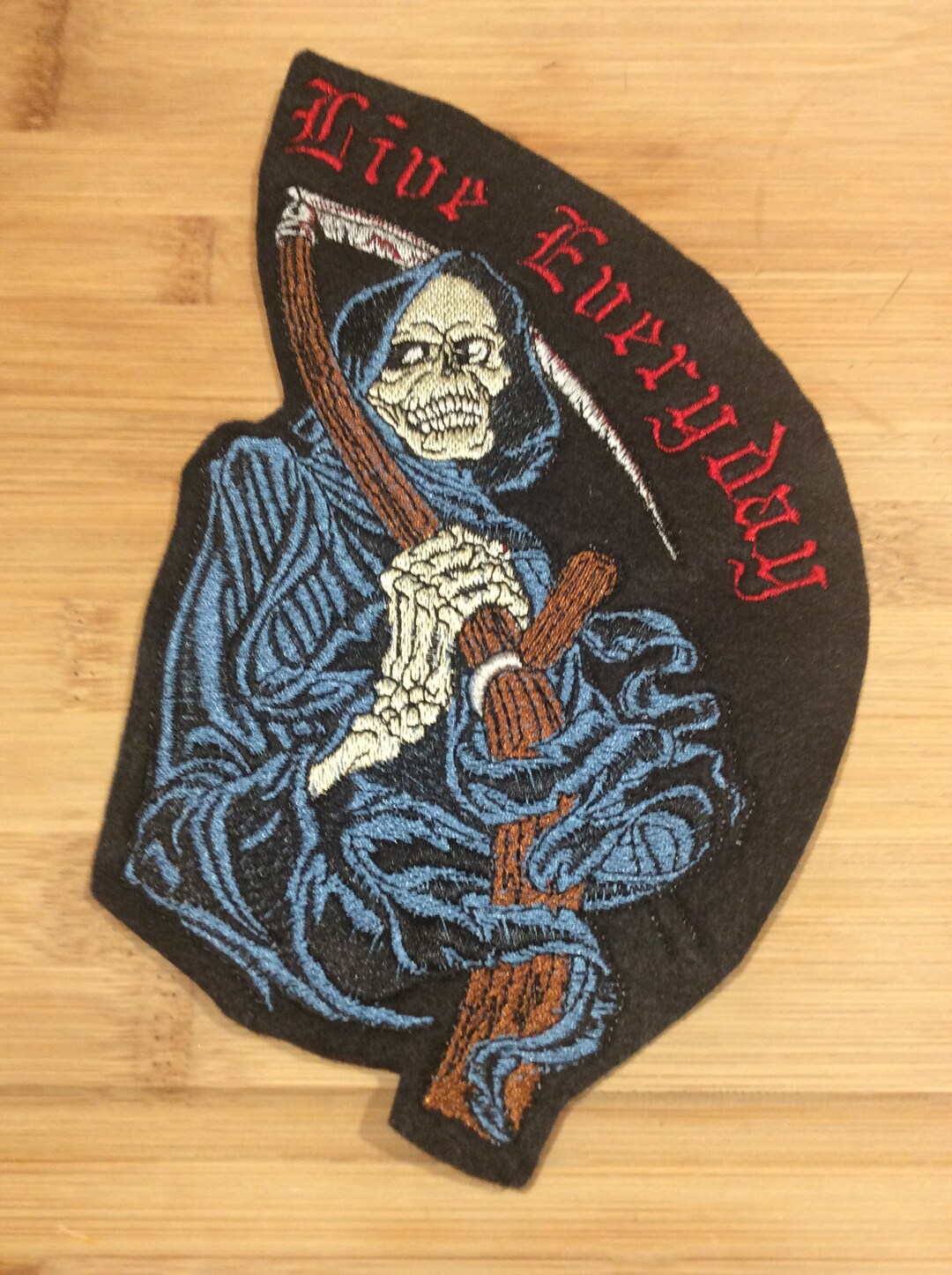 Embroidered Live Everyday Grim Reaper Patch 8 X 5 Inches by Twistedstitcher 2018 Located in ...