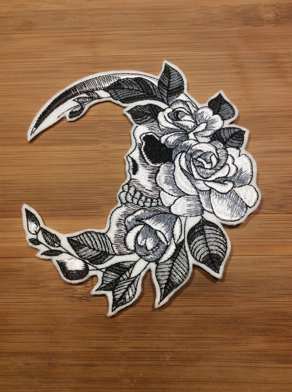 Fancy Crescent Moon Skull Face With Roses Embroidered - Etsy