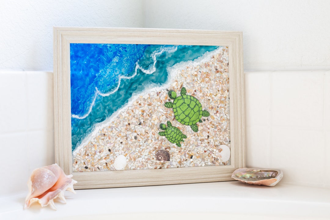 Two Turtles on the Beach Frame, Real Shells Painted Into Turtles. Faux ...
