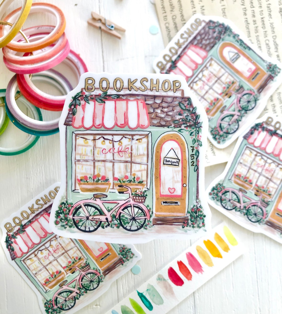 Bookshop + Cafe Sticker/ French Coffee Shop Illustration/ Spring ...