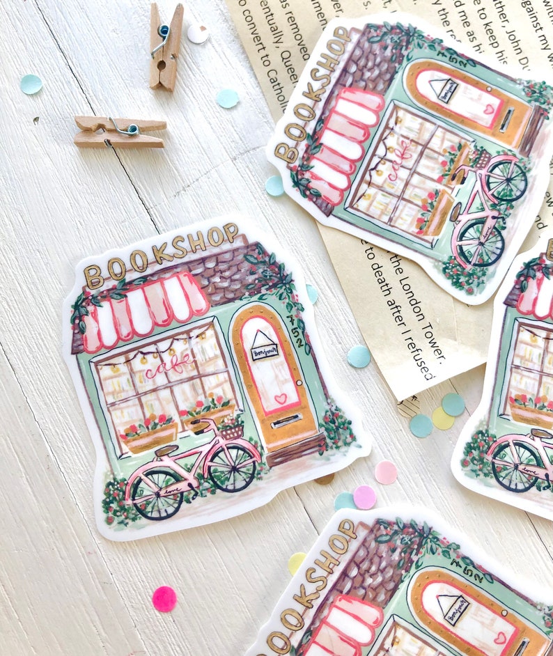 Bookshop + Cafe Sticker/ French Coffee Shop Illustration/ Spring ...