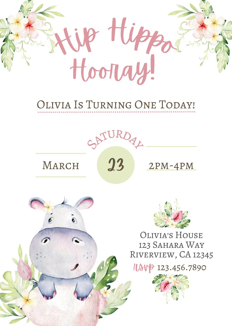 Editable Hip Hippo Hooray Birthday Invitation Party Birthday ...