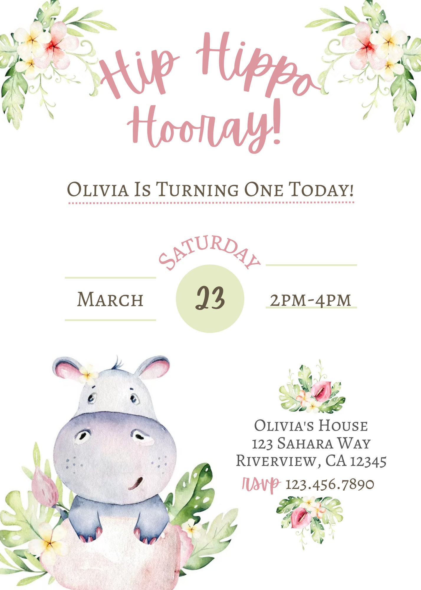 Editable Hip Hippo Hooray Birthday Invitation Party Birthday ...