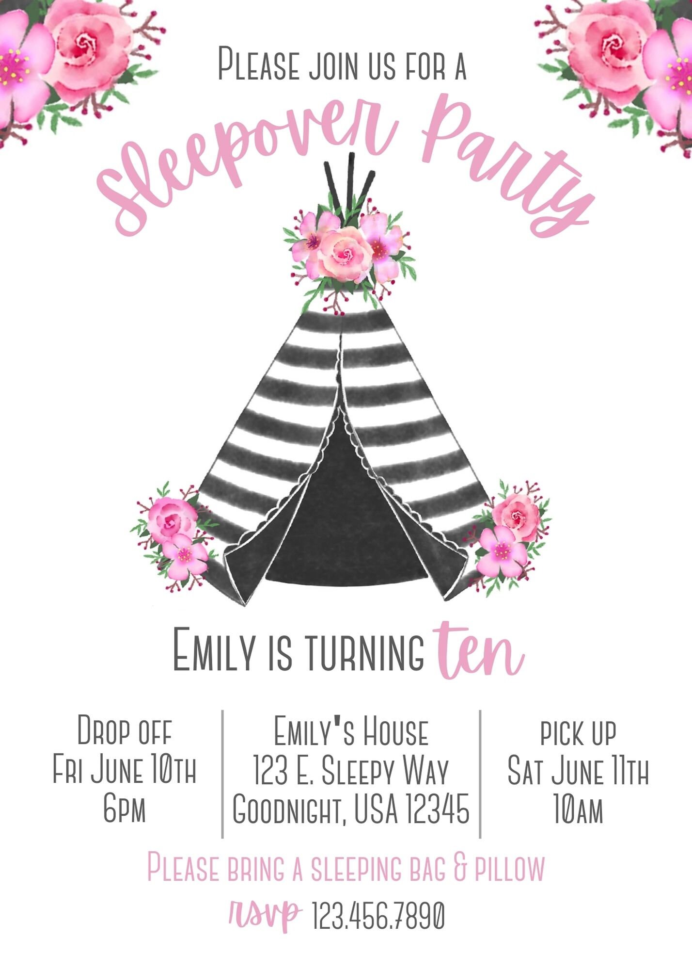 Editable Sleepover Birthday Invitation Teepee Slumber Party Birthday ...
