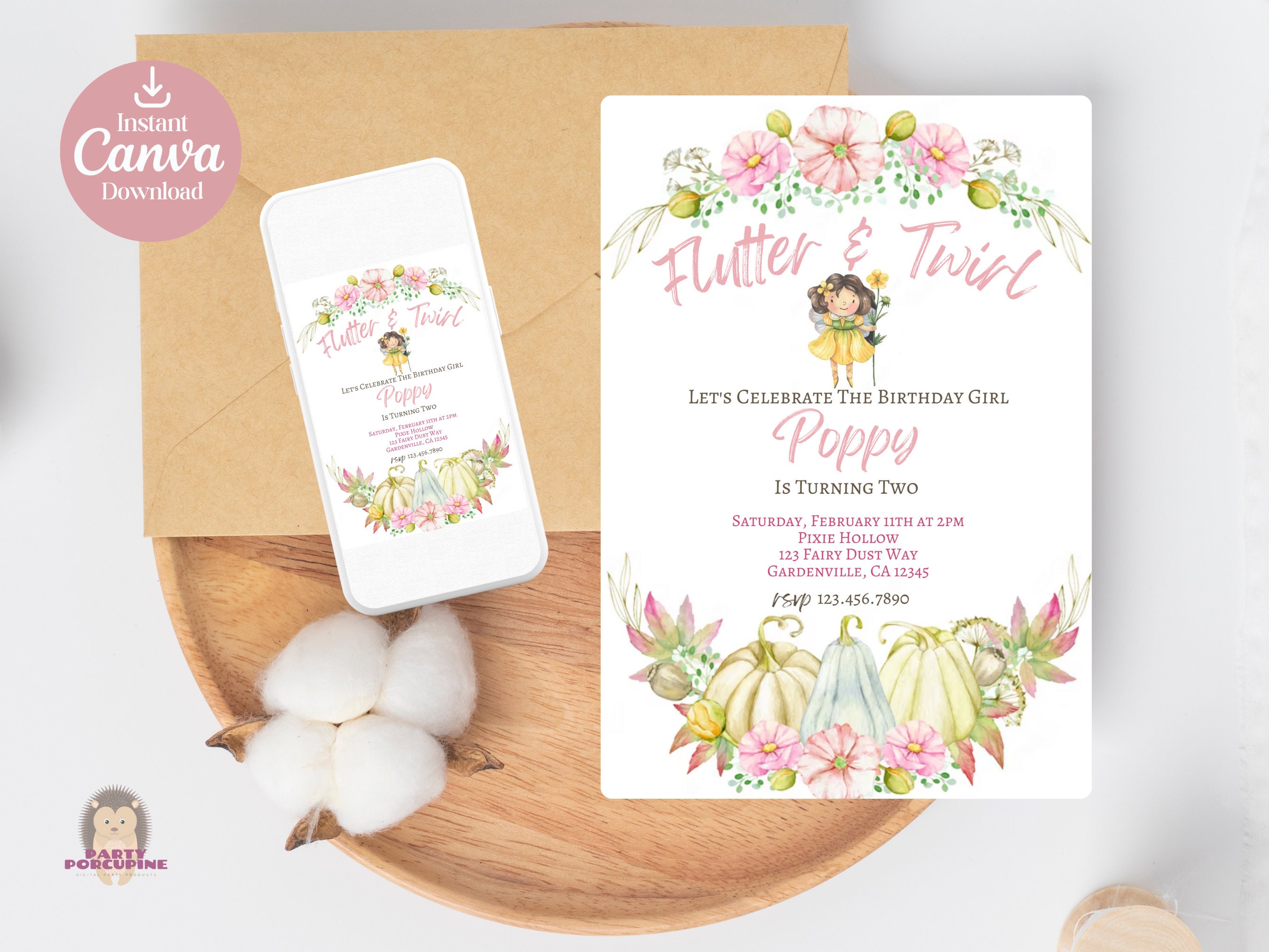 Editable Flutter & Twirl Fairy Birthday Invitation Party Birthday ...