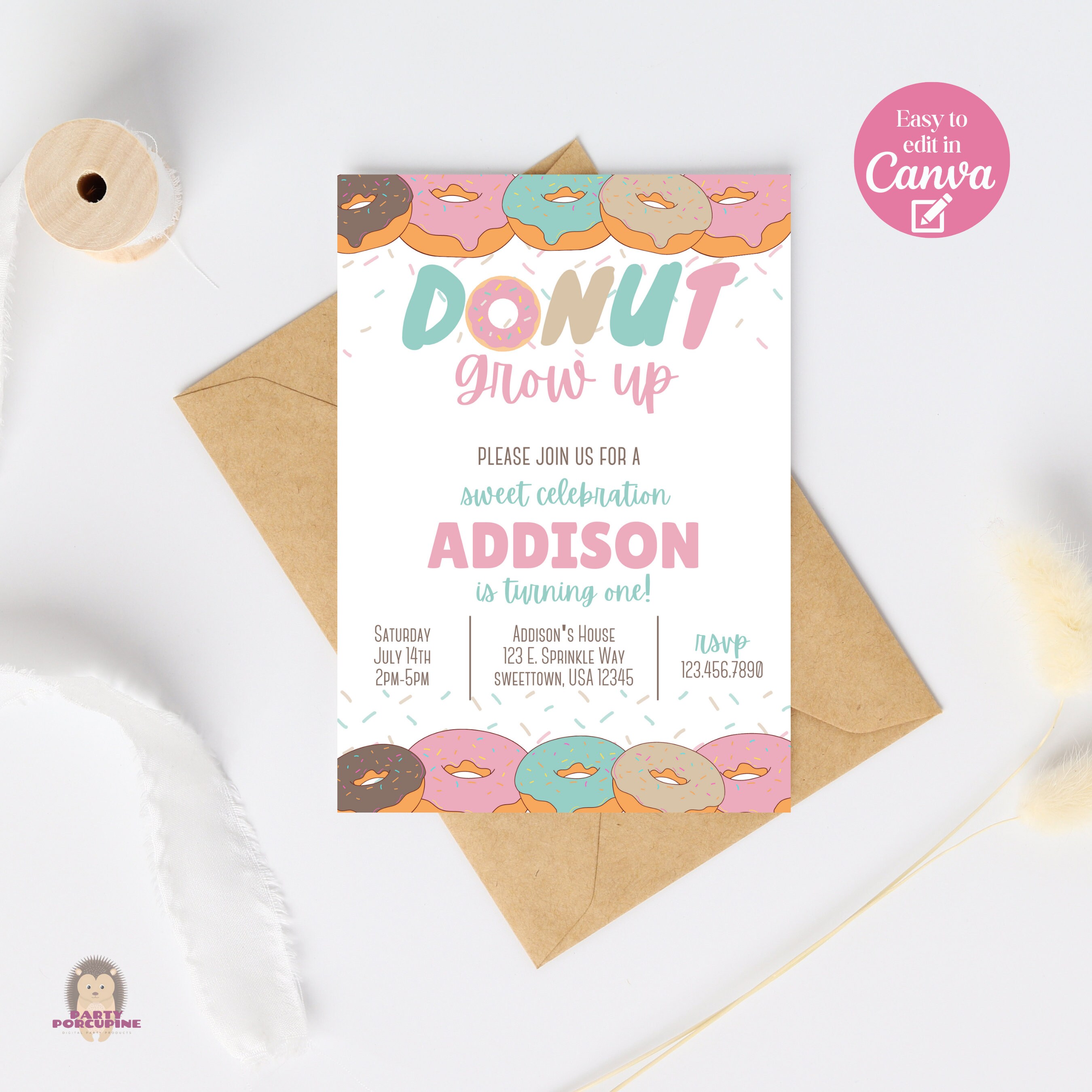 Editable Donut Birthday Invitation Donut Grow up Birthday Invite Pink ...