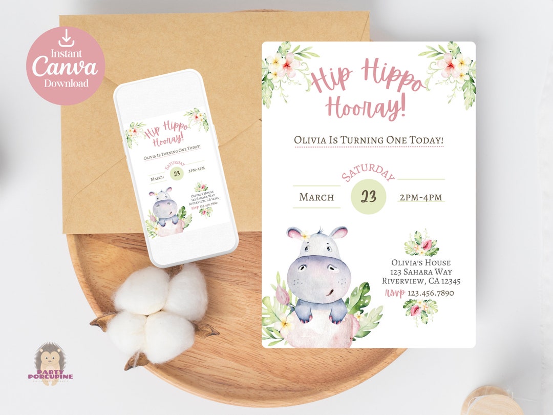 Editable Hip Hippo Hooray Birthday Invitation Party Birthday ...