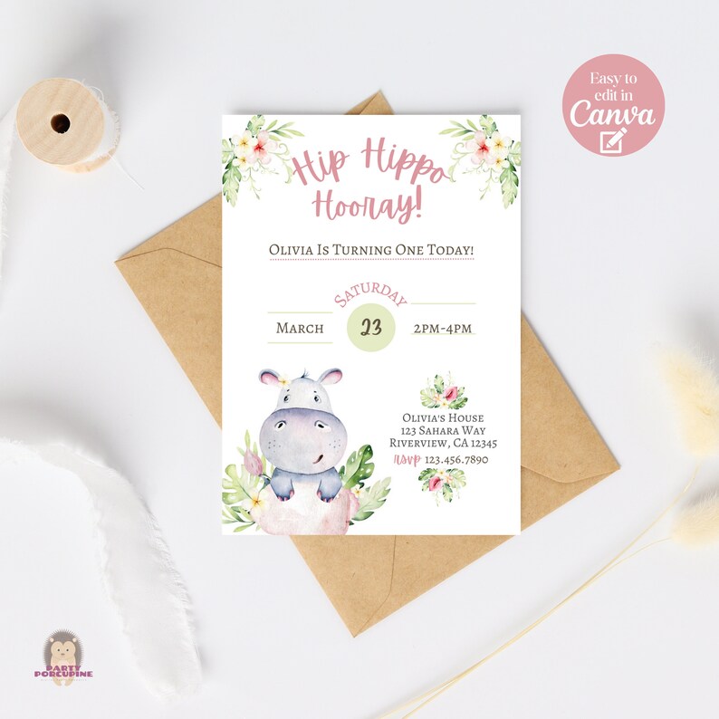 Editable Hip Hippo Hooray Birthday Invitation Party Birthday ...
