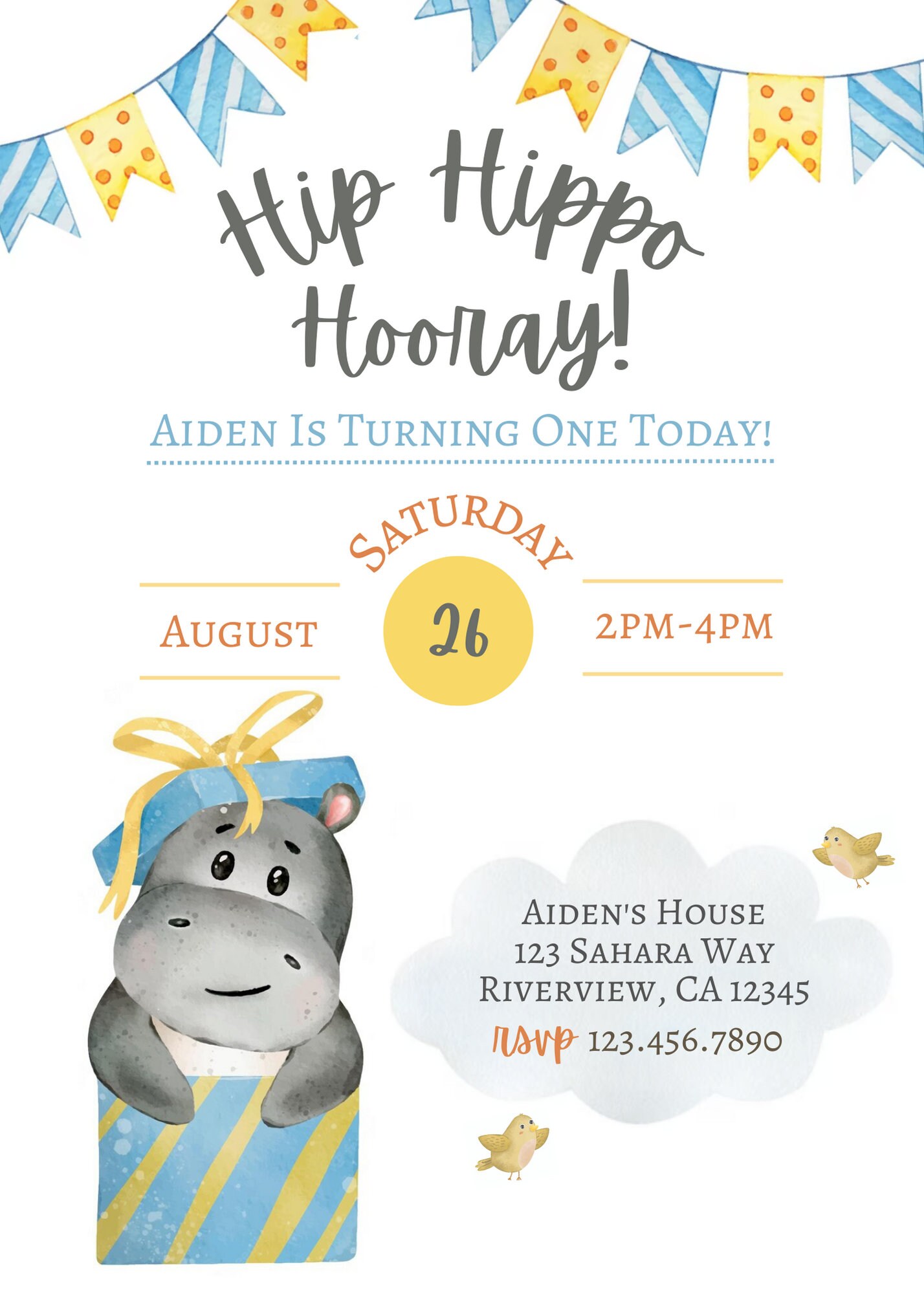 Editable Hip Hippo Hooray Birthday Invitation Party Birthday ...