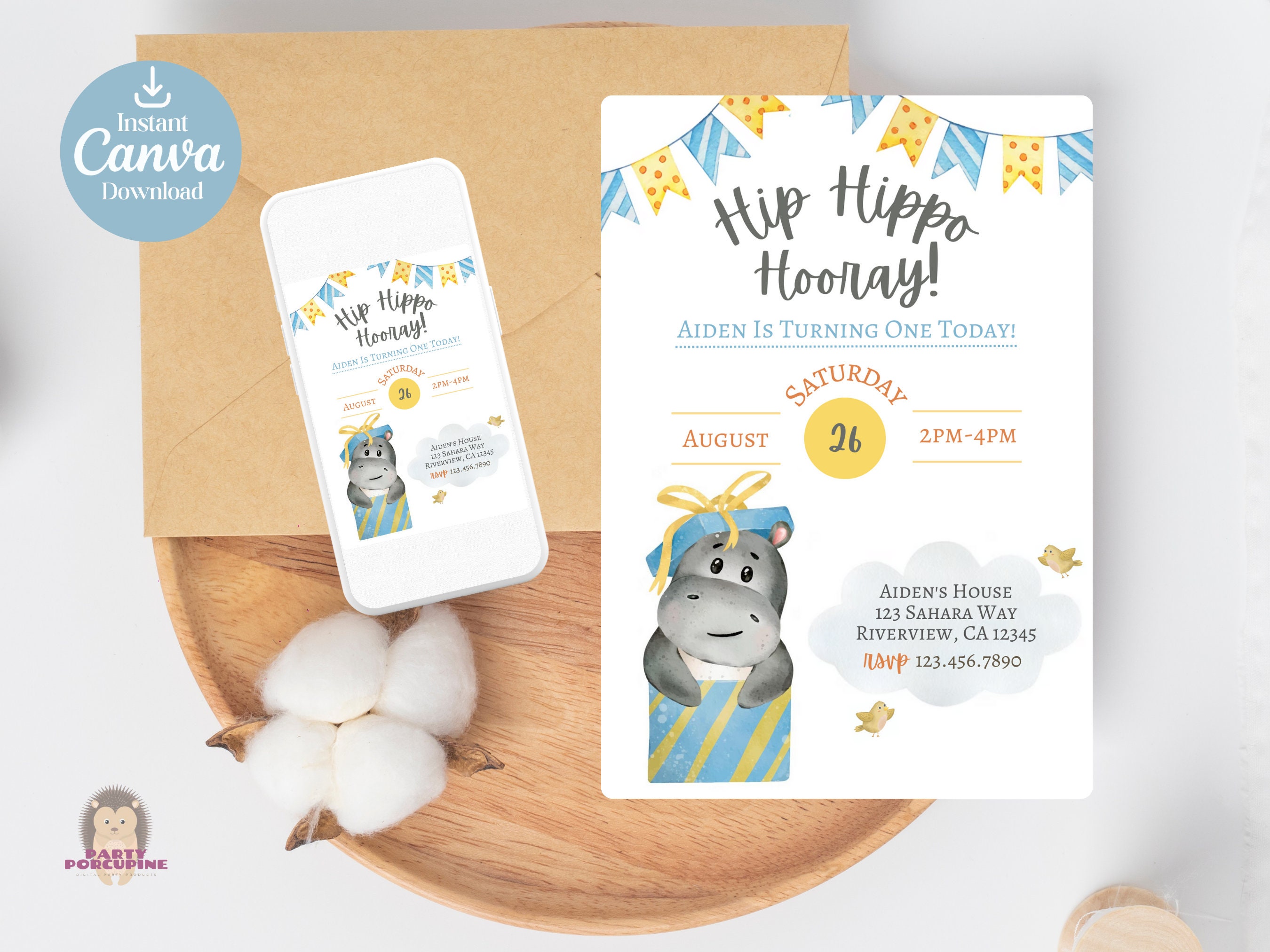 Editable Hip Hippo Hooray Birthday Invitation Party Birthday ...